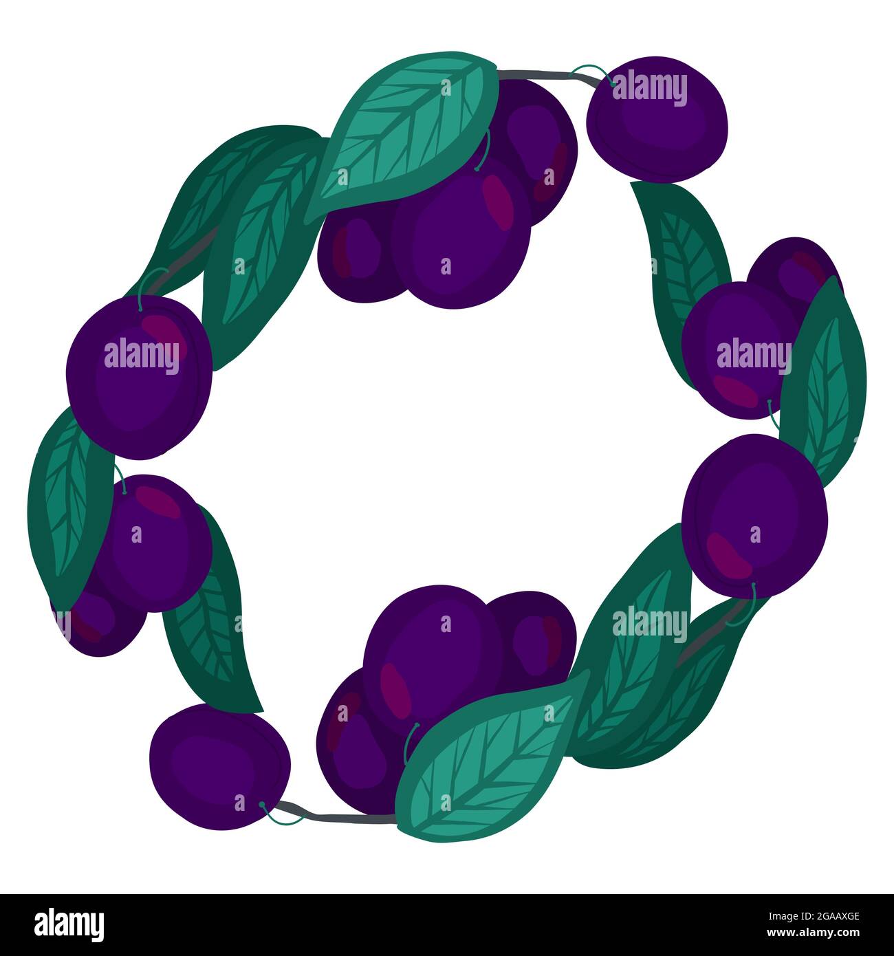 Oval frame with plums, foliage, branches and place for text. Natural ...