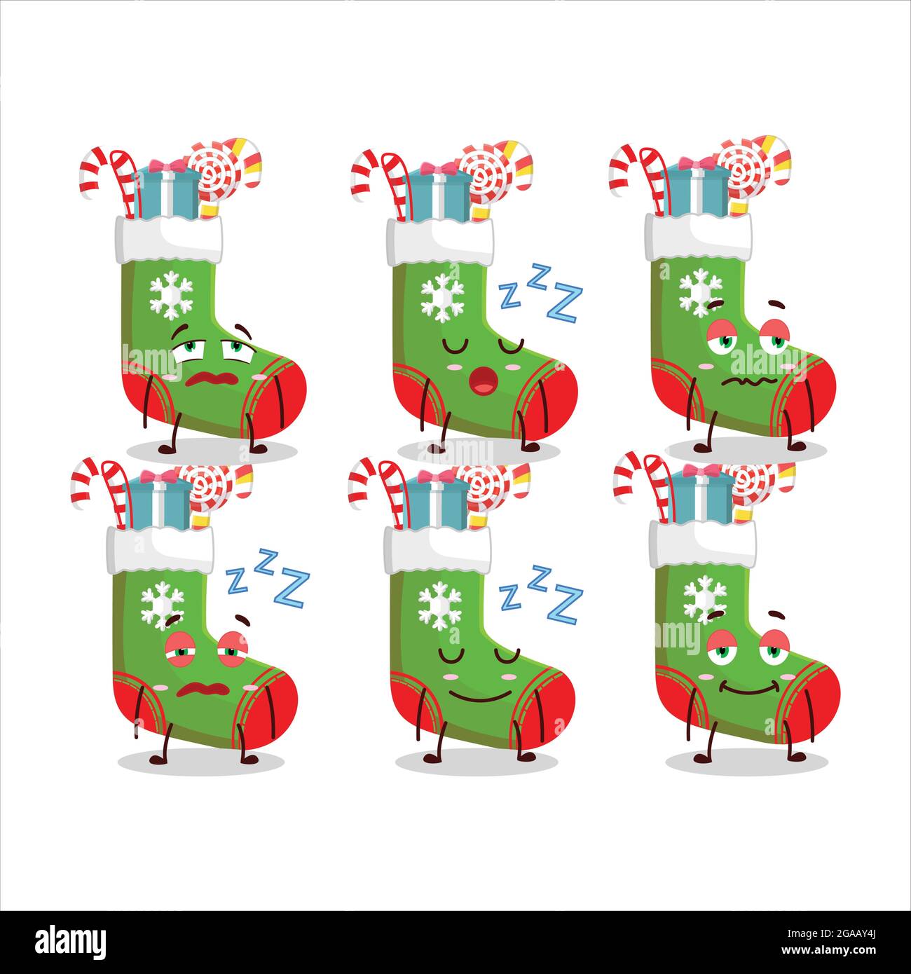 Cartoon character of christmas socks with candies and gift with sleepy ...