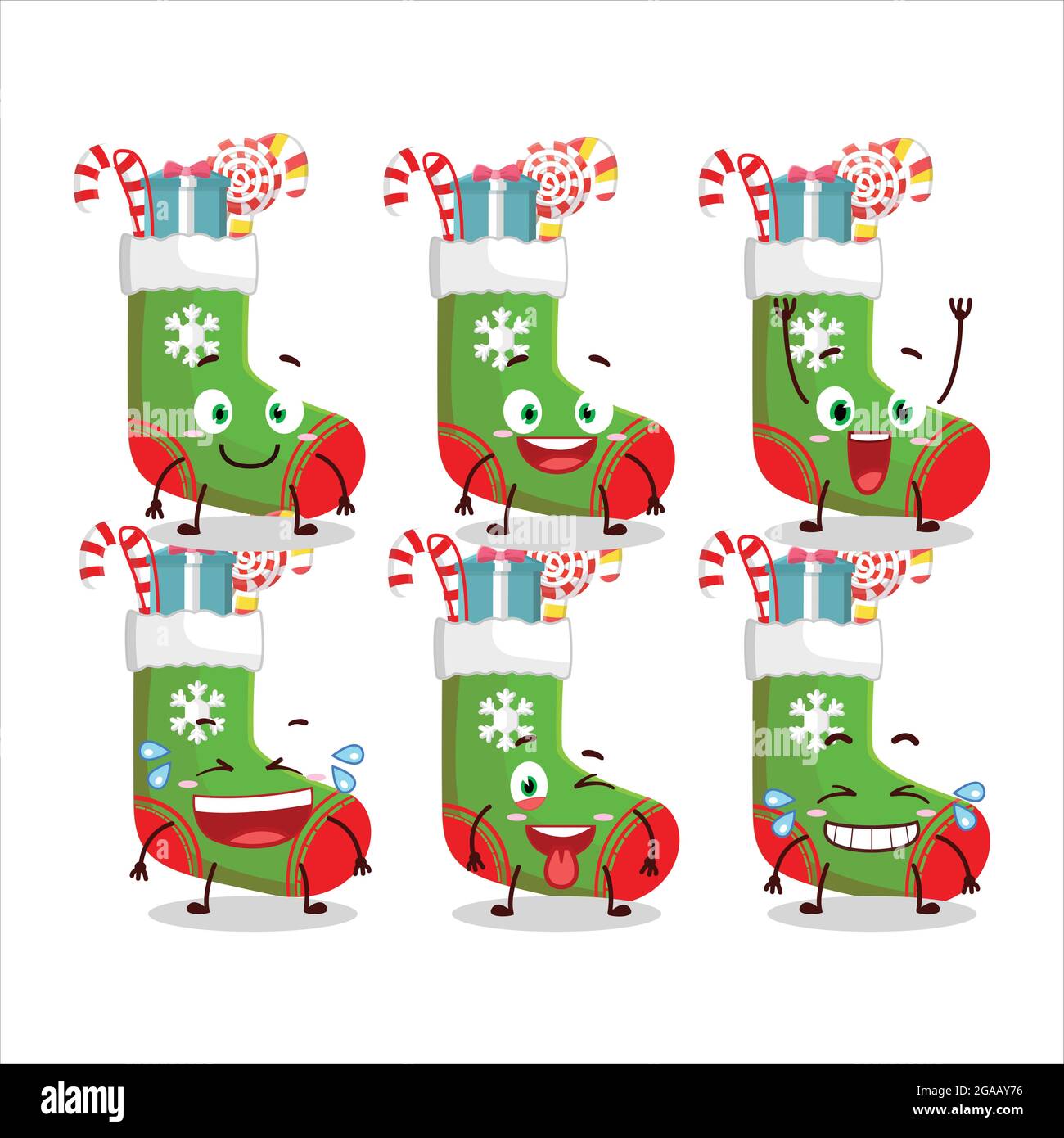 Cartoon character of christmas socks with candies and gift with smile ...