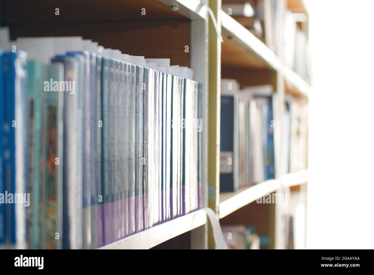 Books on a shelf in the library on a light background. Selective focus ...