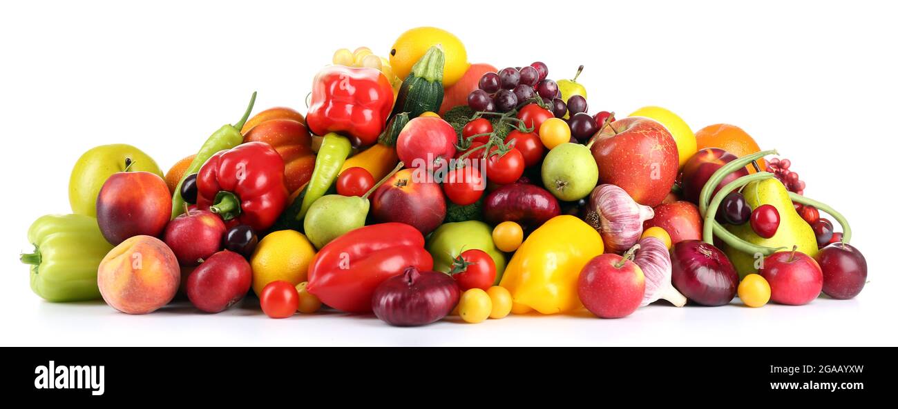 Heap of fresh fruits and vegetables isolated on white Stock Photo - Alamy