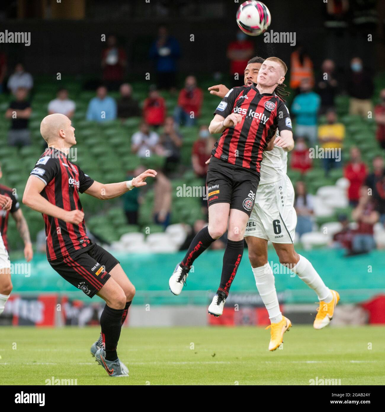 Dublin, Ireland. 29th July, 2021. Ross Tierney of Bohemian jumps for ...