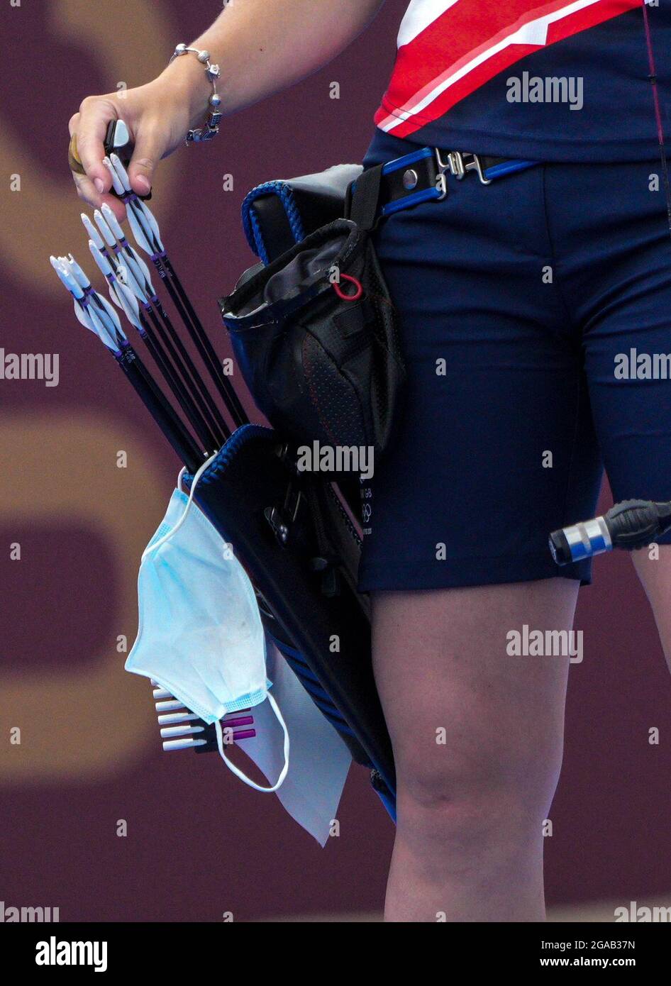 Tokyo, Japan. 30th July, 2021. A mask is seen on the quiver of Britain ...