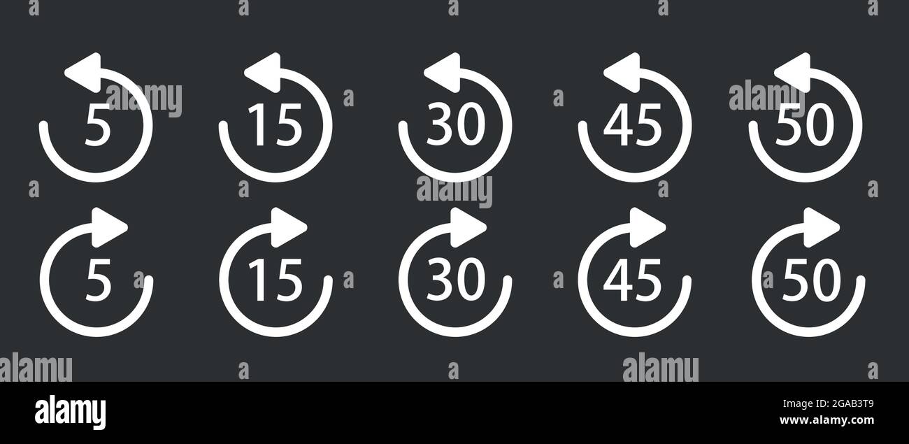 WebRepeat 5, 15, 30, 45 seconds simple vector icons on black. Replay ...