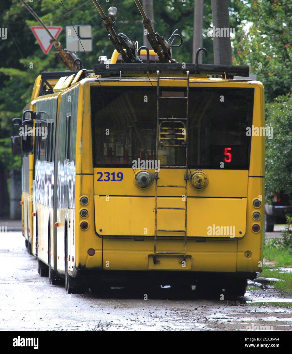 Kiev, Ukraine - July 12, 2019: Urban public transport. Ukrainian yellow ...
