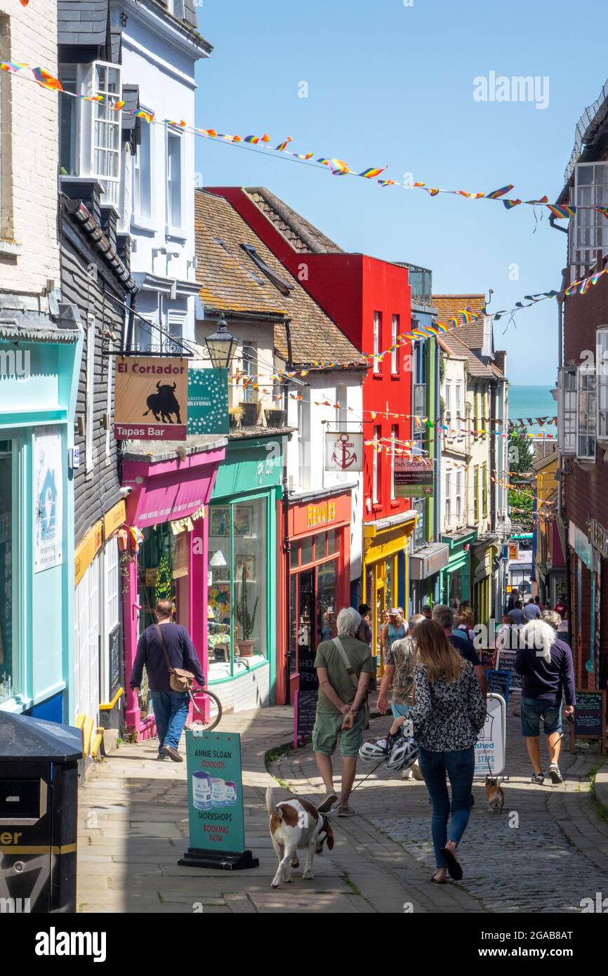 Folkestone, The Old High Street, a steep narrow cobbled street, now a ...
