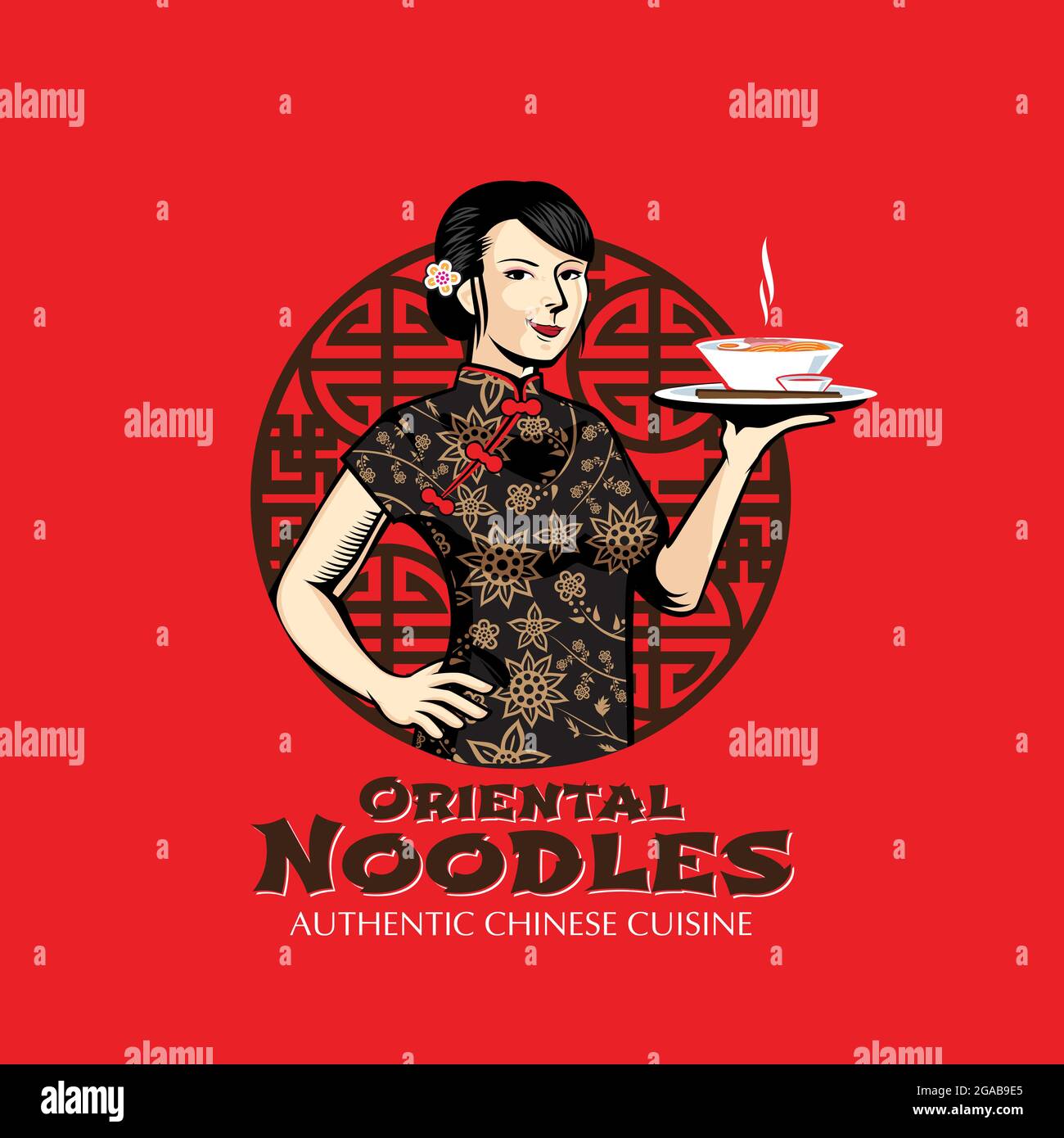 Chinese Lady and Oriental Noodles vector illustration Stock Vector ...