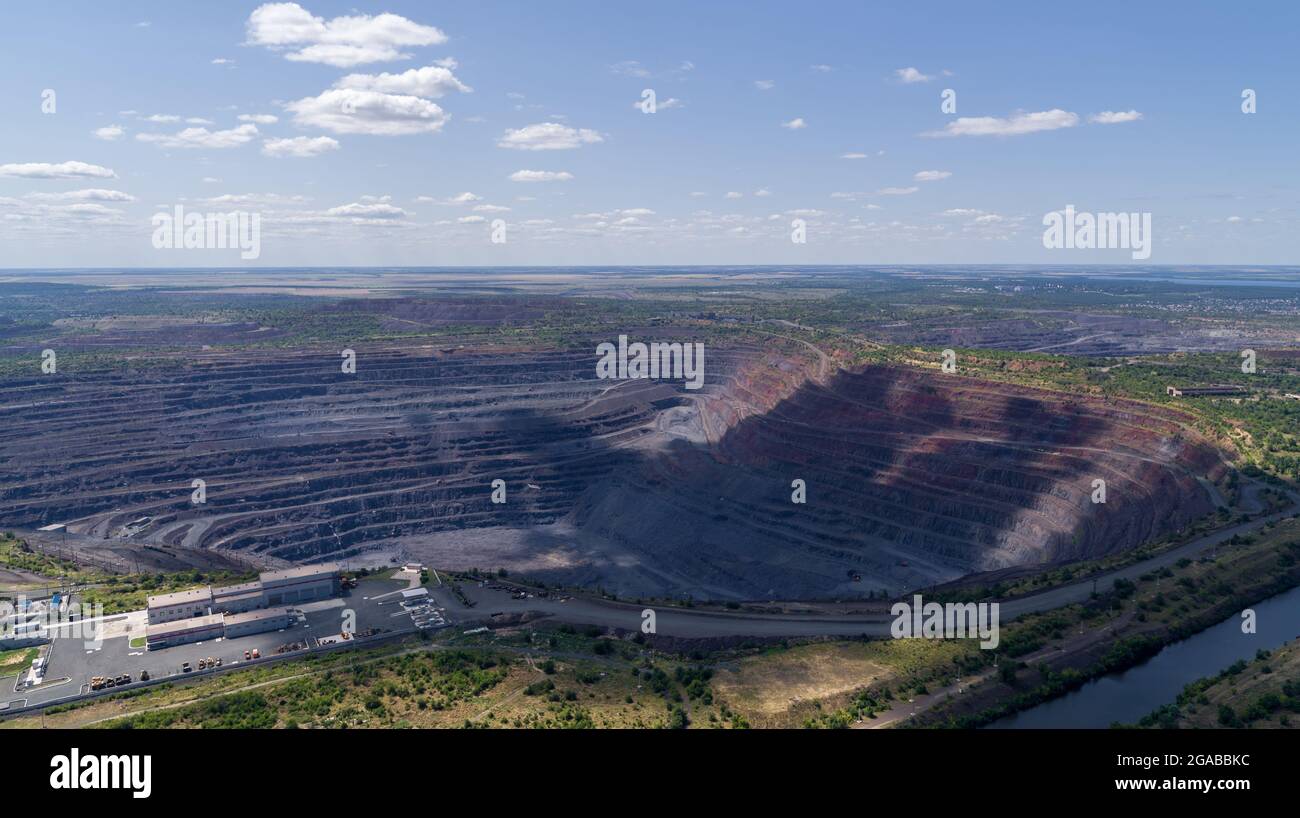 Open pit iron ore quarry panoramic industrial landscape aerial view ...