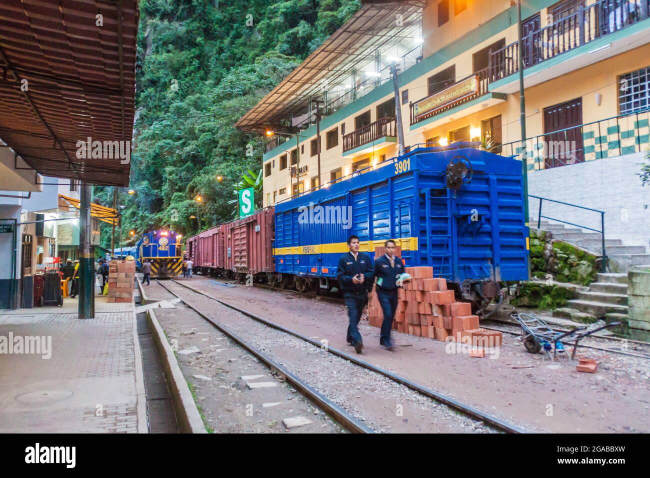 AGUAS CALIENTES, PERU - MAY 17, 2015: Train station in Aguas Calientes ...