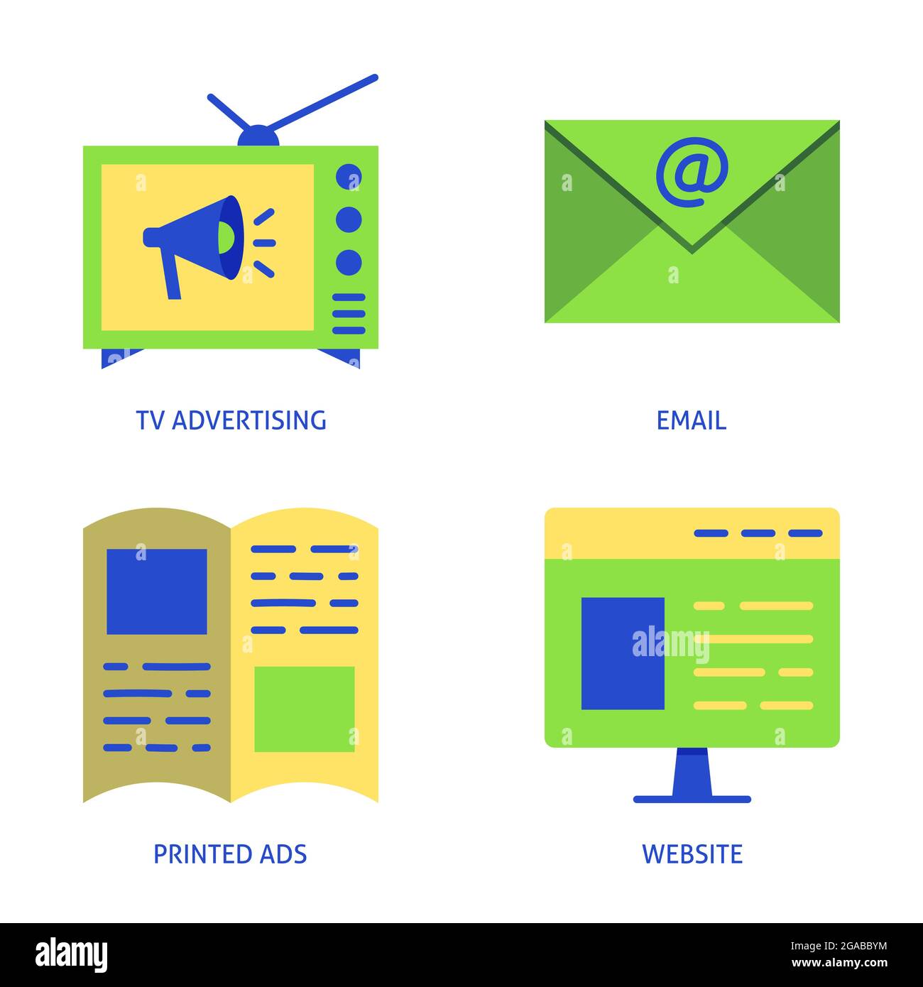Advertising methods icon set in flat style. TV advertisement, email ...