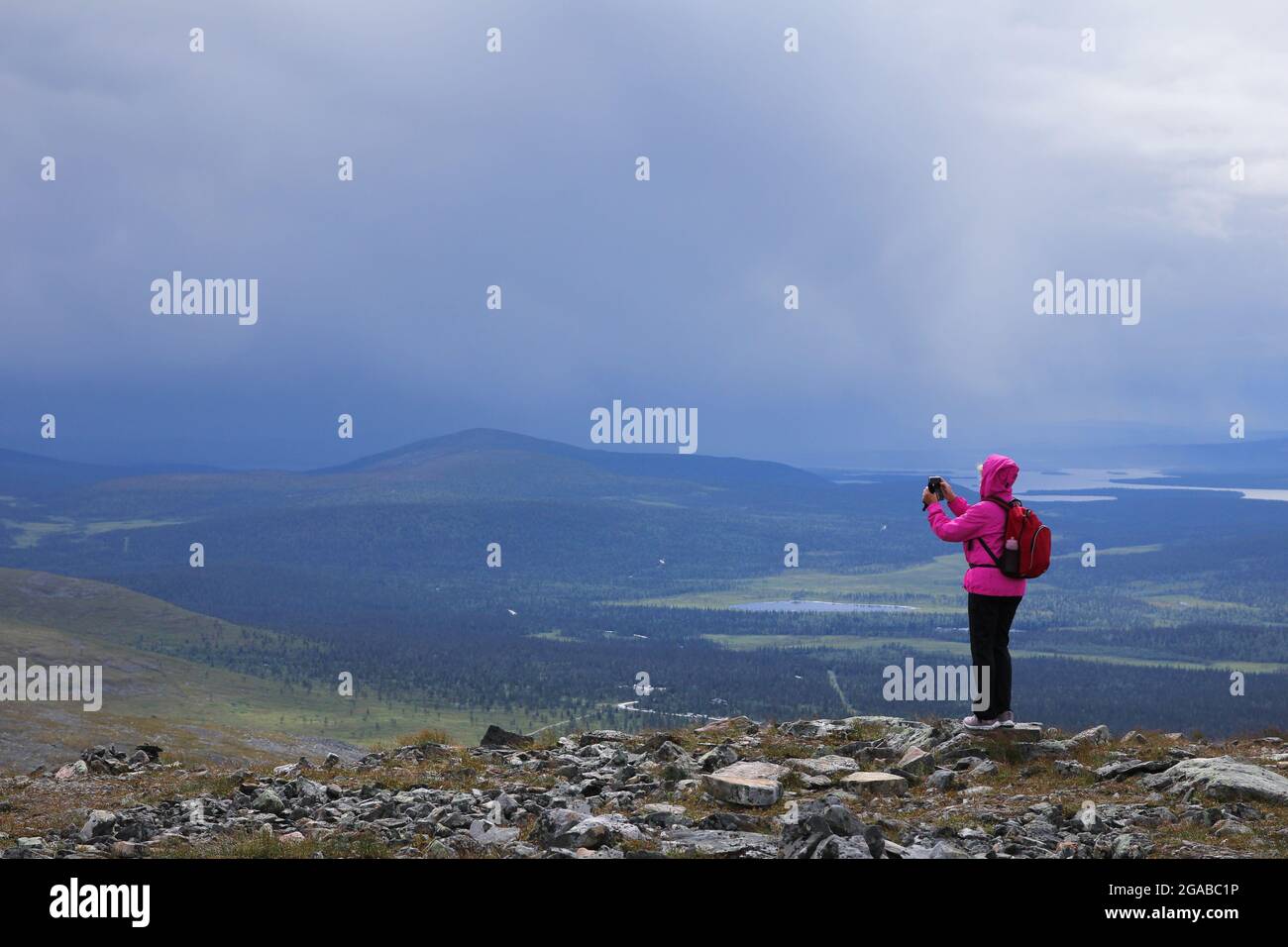 Female hiker taking mobile phone photo on a Lapland fell top Stock ...