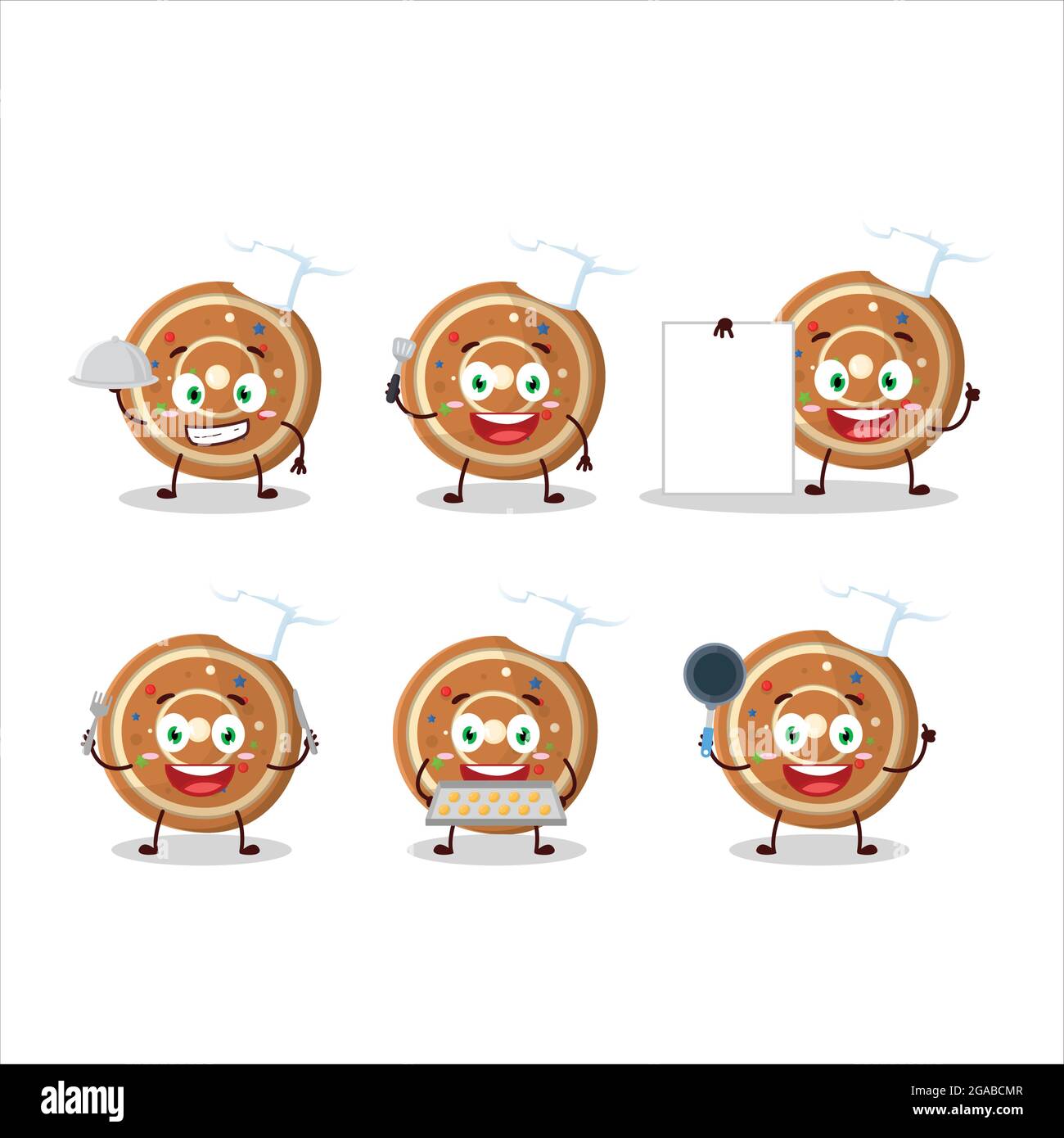 Cartoon character of gingerbread round with various chef emoticons ...