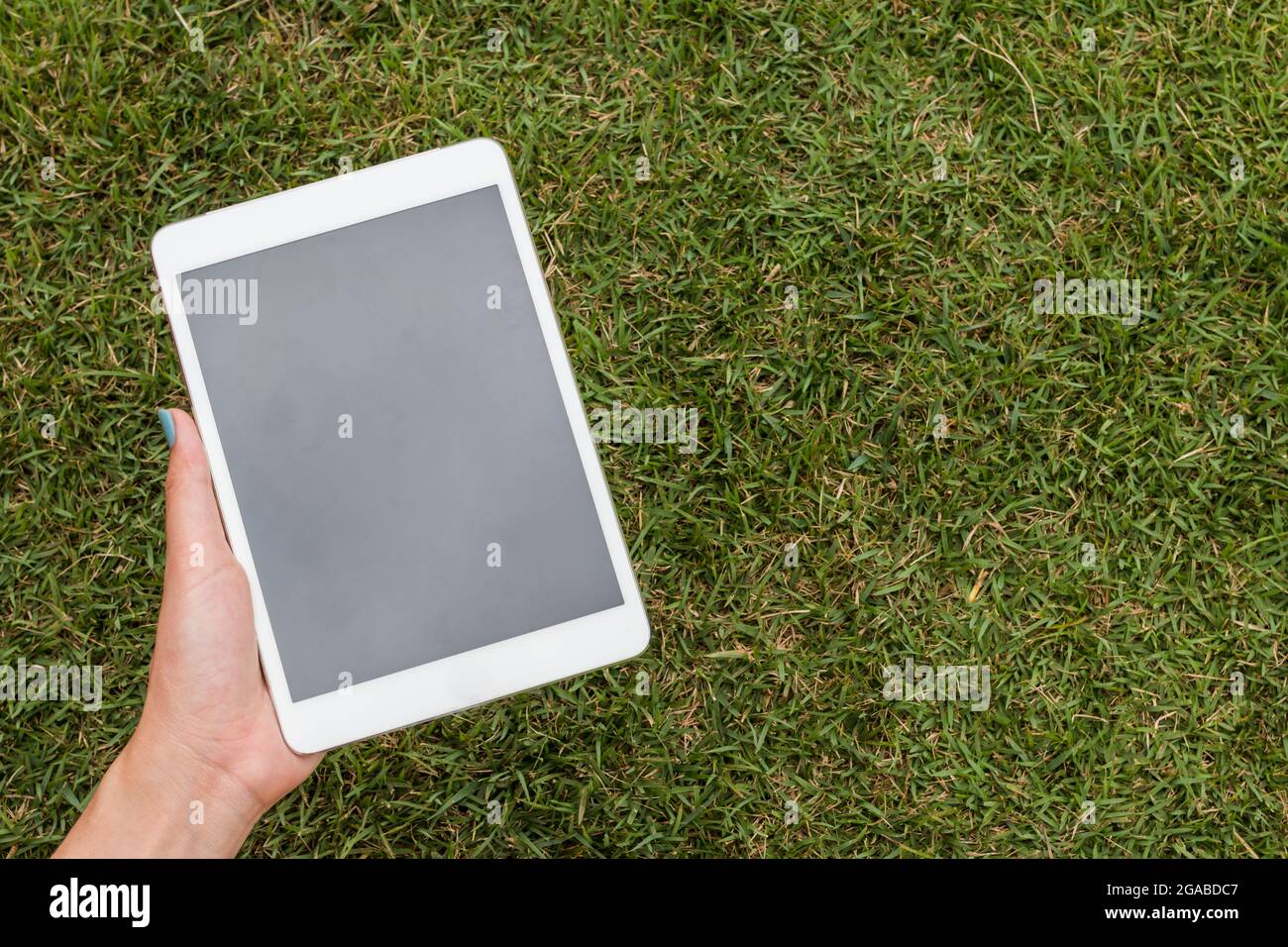 white tablets on woman hand checking the information Stock Photo - Alamy
