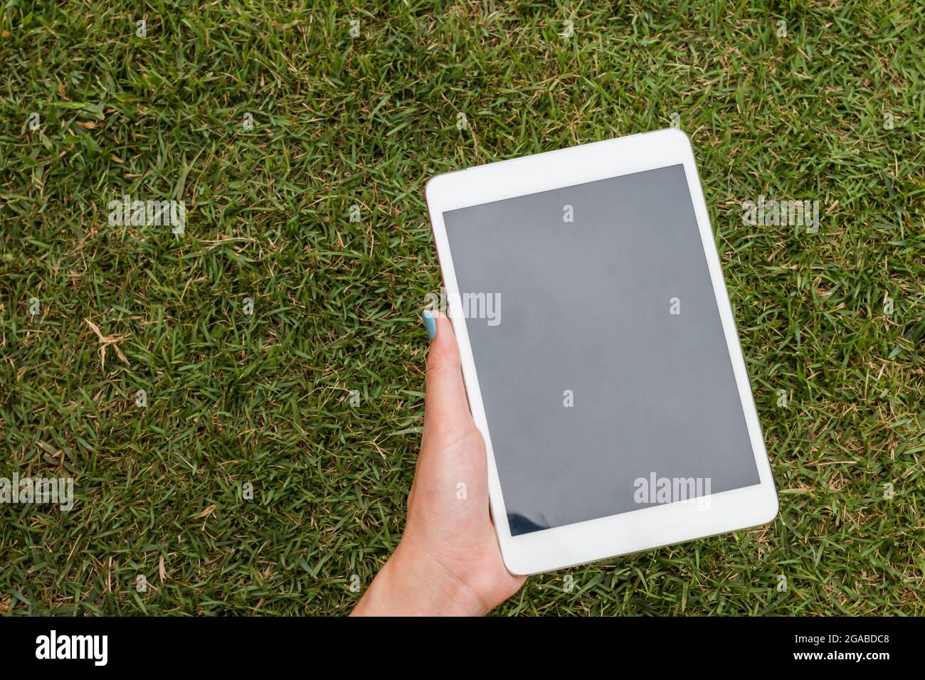 white tablets on woman hand checking the information Stock Photo - Alamy