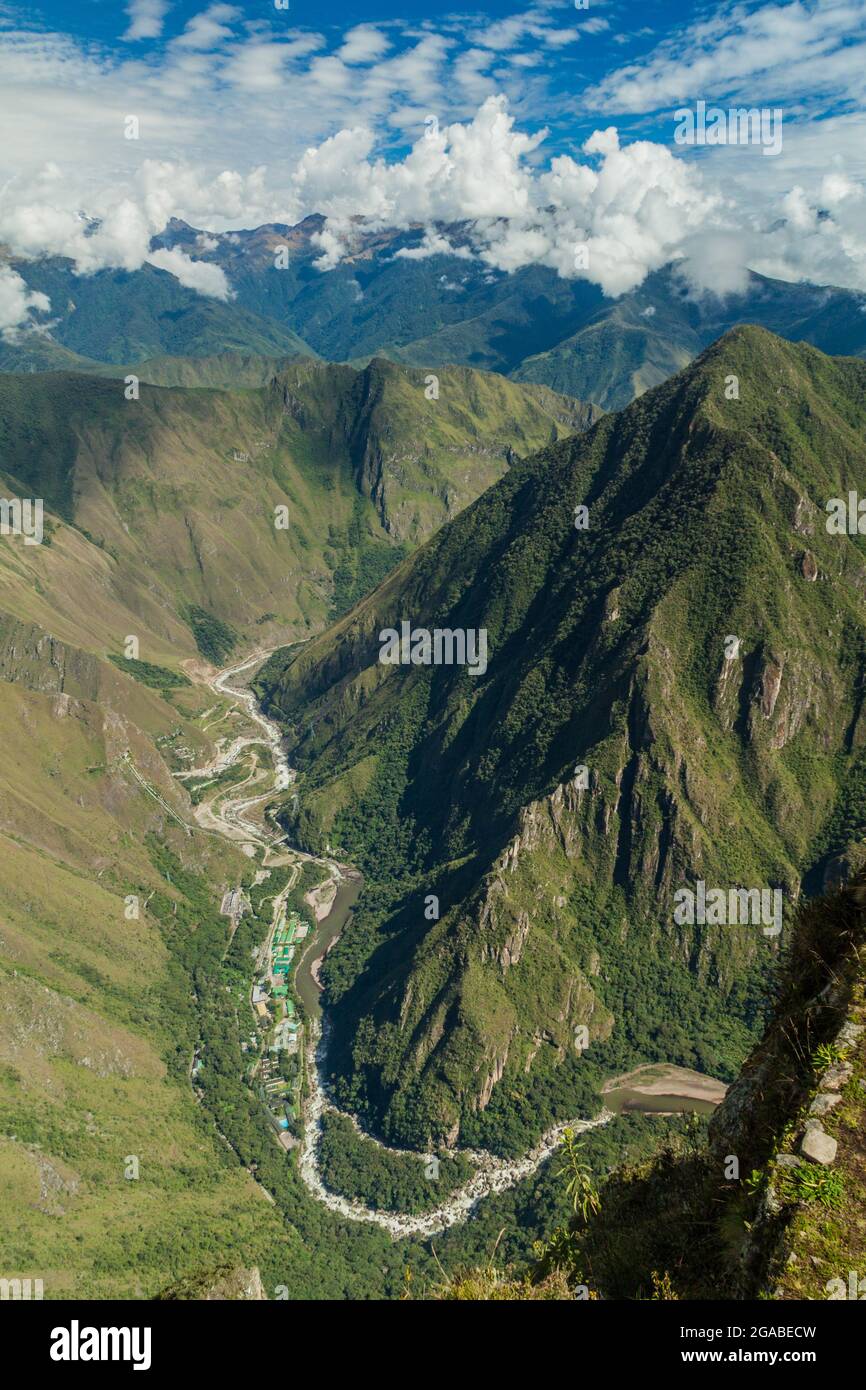 Aerial view of Urubamba valley (with hydroelectric station) from Machu ...