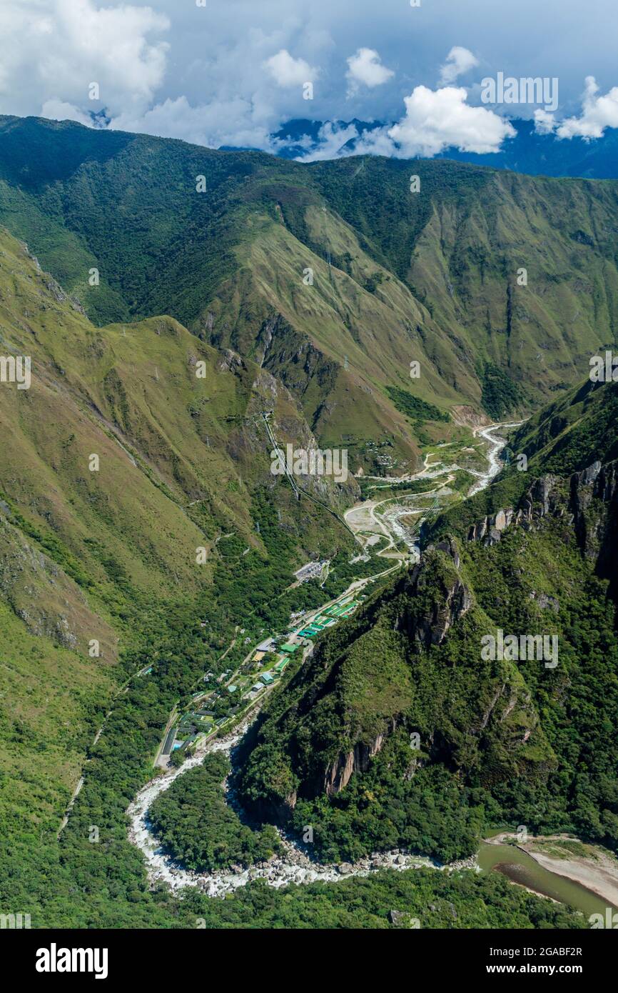 Aerial view of Urubamba valley (with hydroelectric station) from Machu ...
