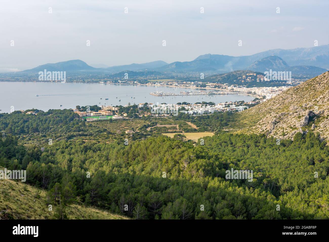 View of Mountain landscape and green forest with trees and ocean bay in ...