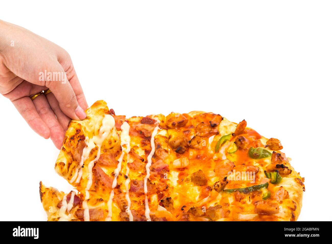 Hand Grabbing a slice of pizza isolated on white background Stock Photo ...