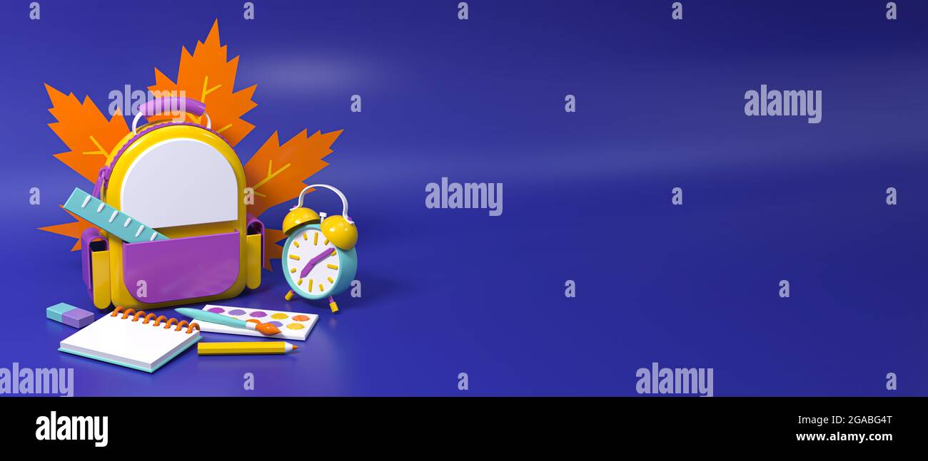 Backpack with school supplies on violet background. 3d concept ...