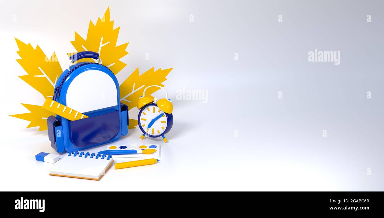 Backpack with school supplies render on white. 3d concept illustration ...