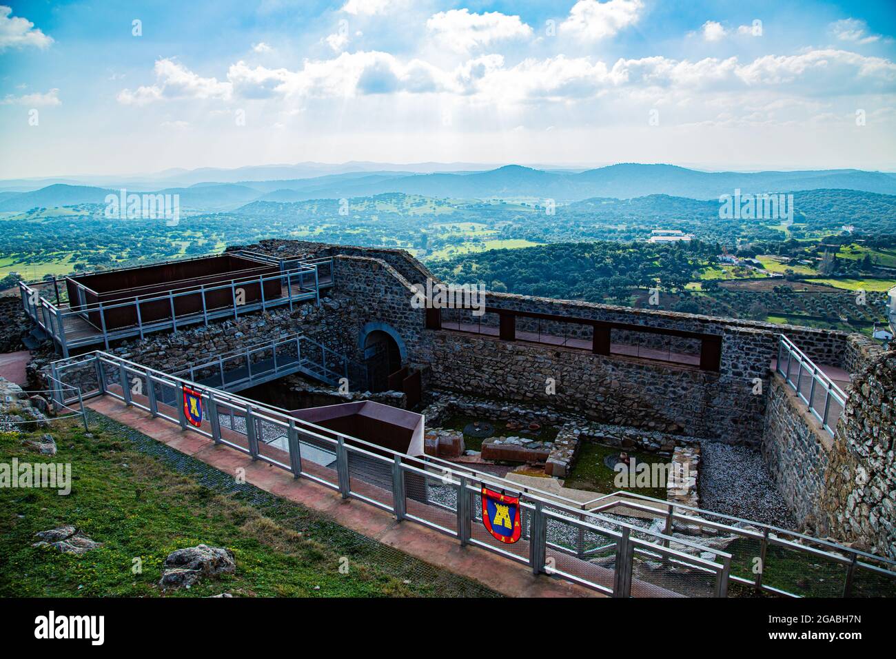 Castle, walls and restoration excavations, with samples of foundations ...