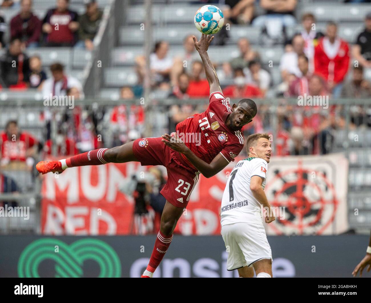 Muenchen, ALLIANZARENA, Germany. 28th July, 2021. Tanguy NIANZOU (# 23, M) in a duels with ...