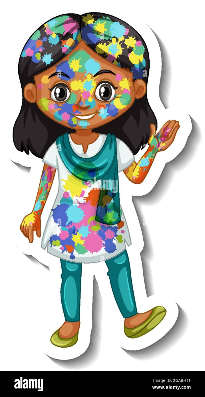 Happy girl with colour on her body sticker on white background ...