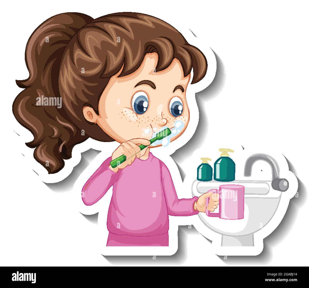Cartoon character sticker with a girl brushing teeth illustration Stock ...