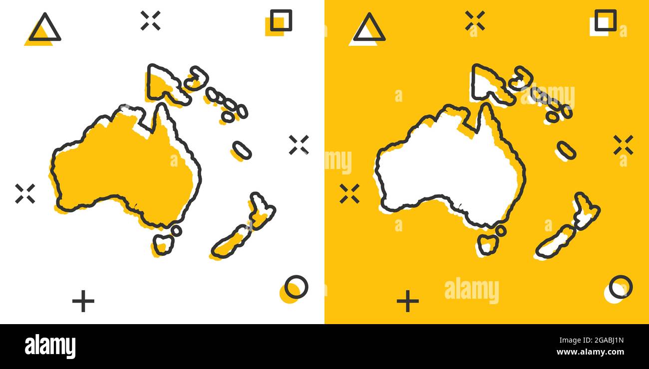 Cartoon colored Australia and Oceania map icon in comic style. Australia and Oceania sign ...