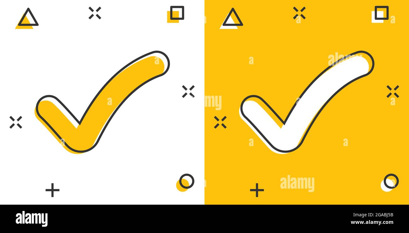 Cartoon check mark icon in comic style. Approved illustration pictogram ...