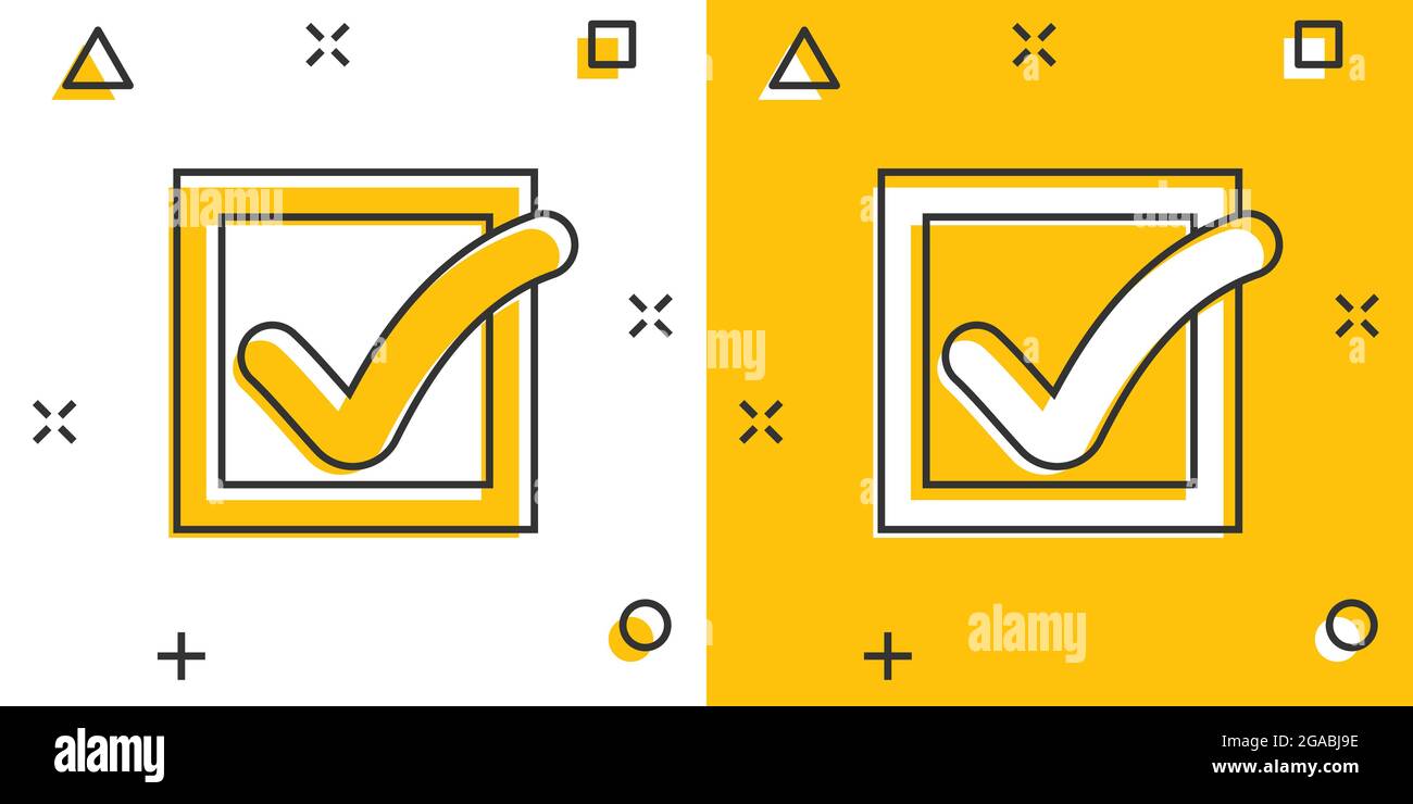 Cartoon check mark icon in comic style. Approved illustration pictogram ...
