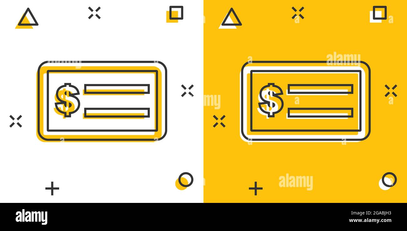 Cartoon money check icon in comic style. Bank checkbook illustration ...