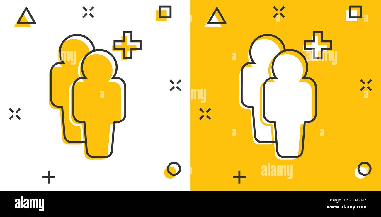 Cartoon people icon in comic style. Users with plus sign illustration ...