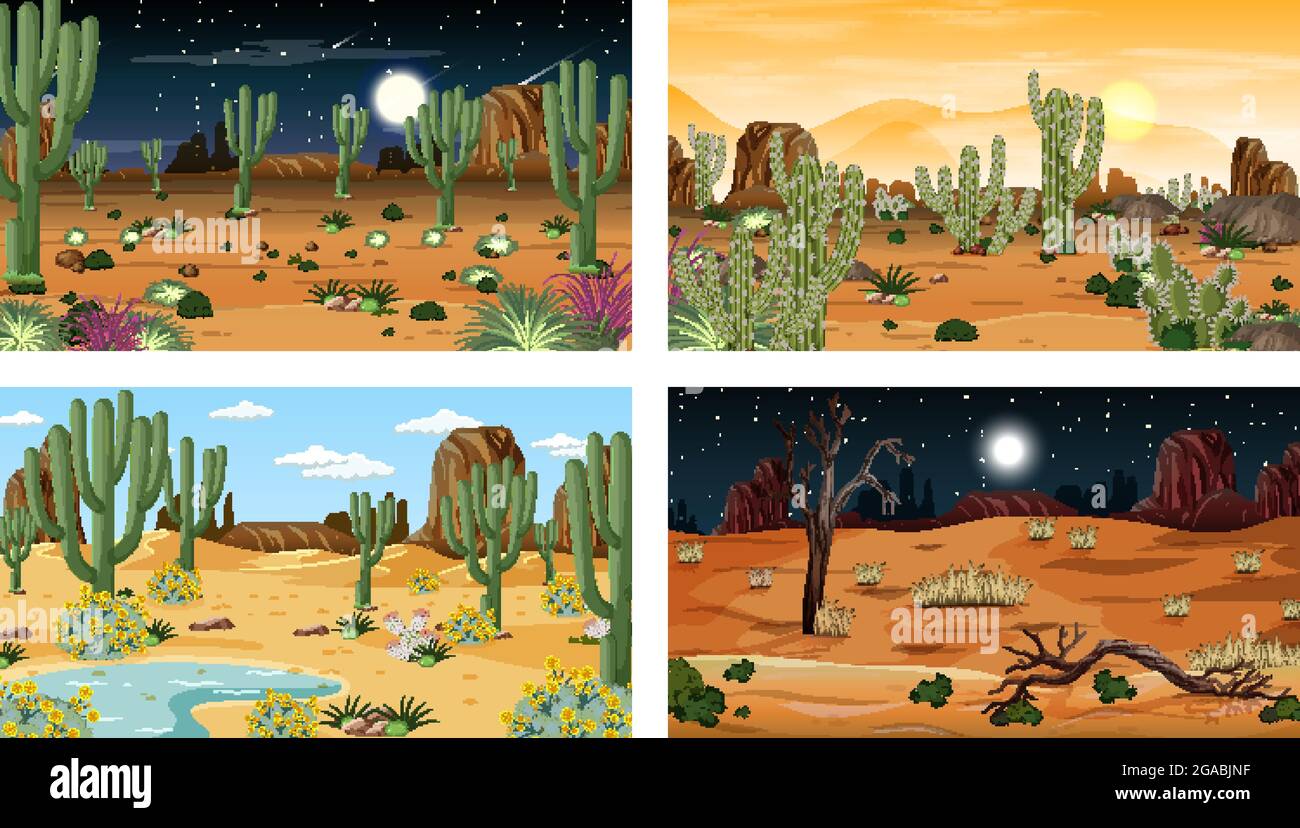 Different desert forest landscape scenes with various desert plants ...