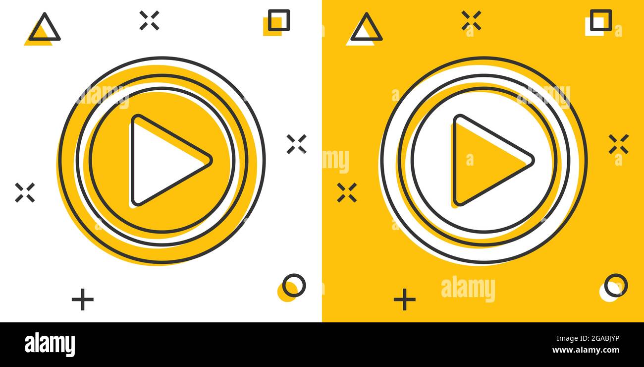 Cartoon play button icon in comic Start illustration pictogram. Click ...