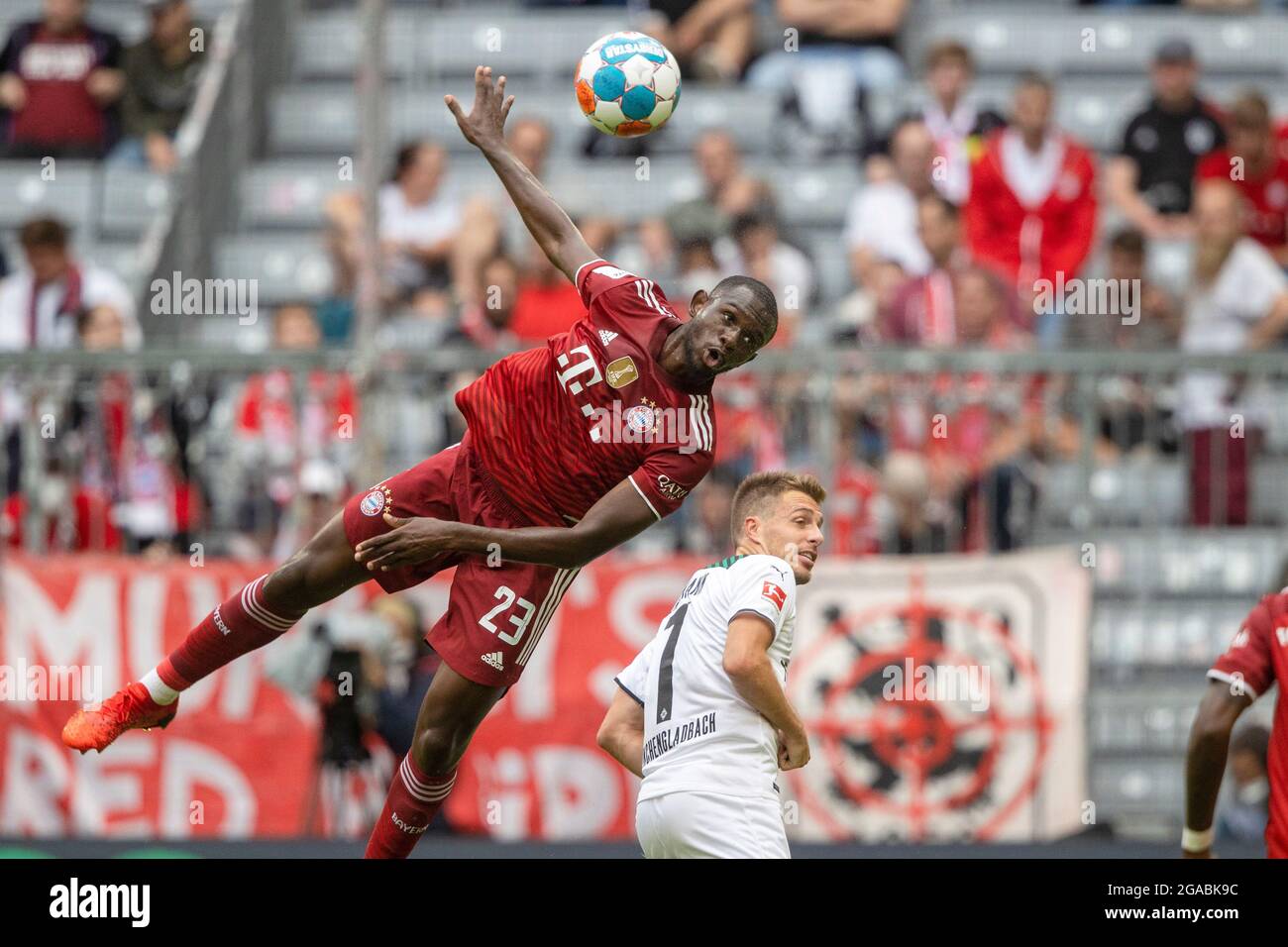 Muenchen, ALLIANZARENA, Germany. 28th July, 2021. Tanguy NIANZOU (# 23, M) in a duels with ...