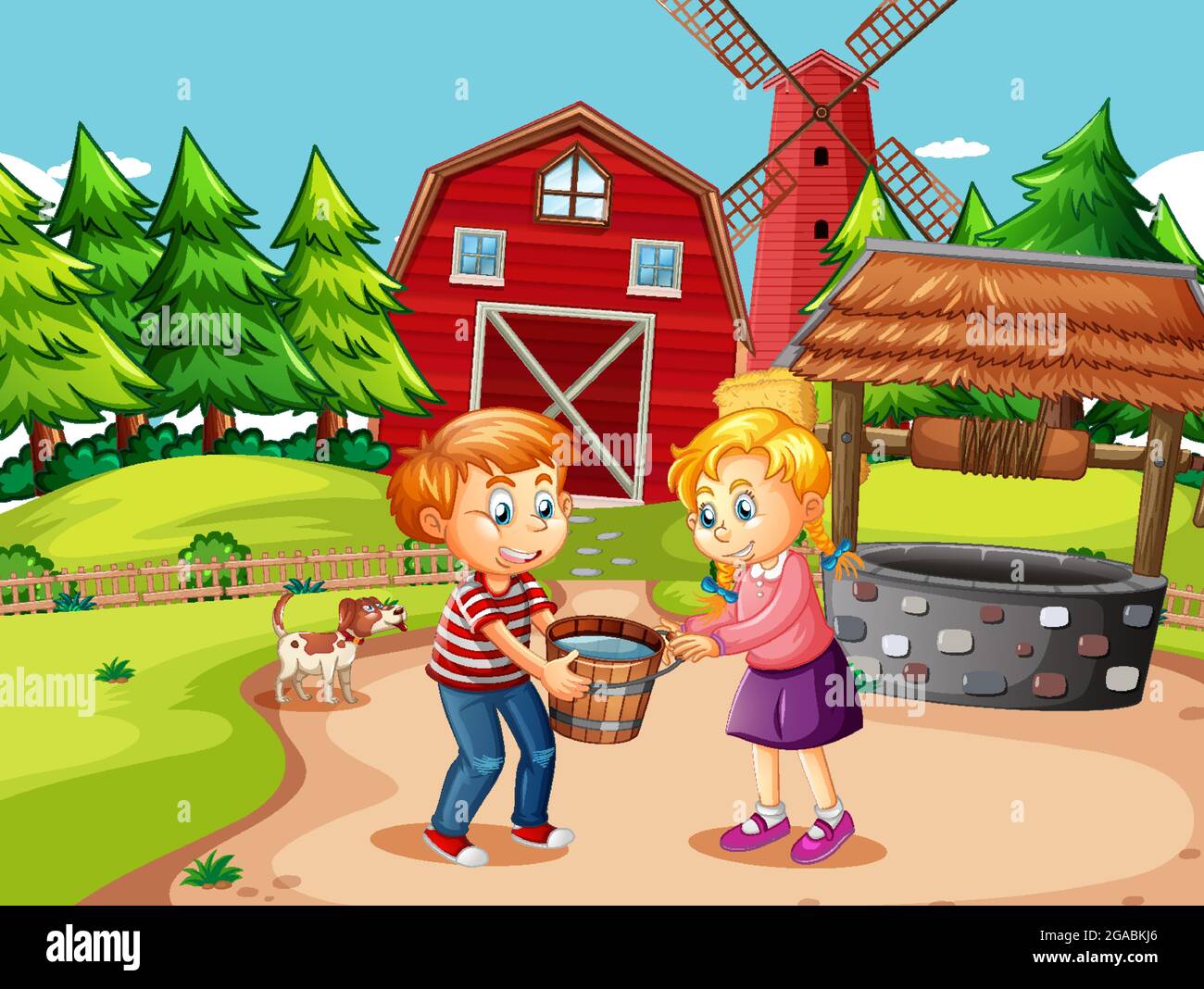 Farm scene with children holding a bucket full of water illustration ...