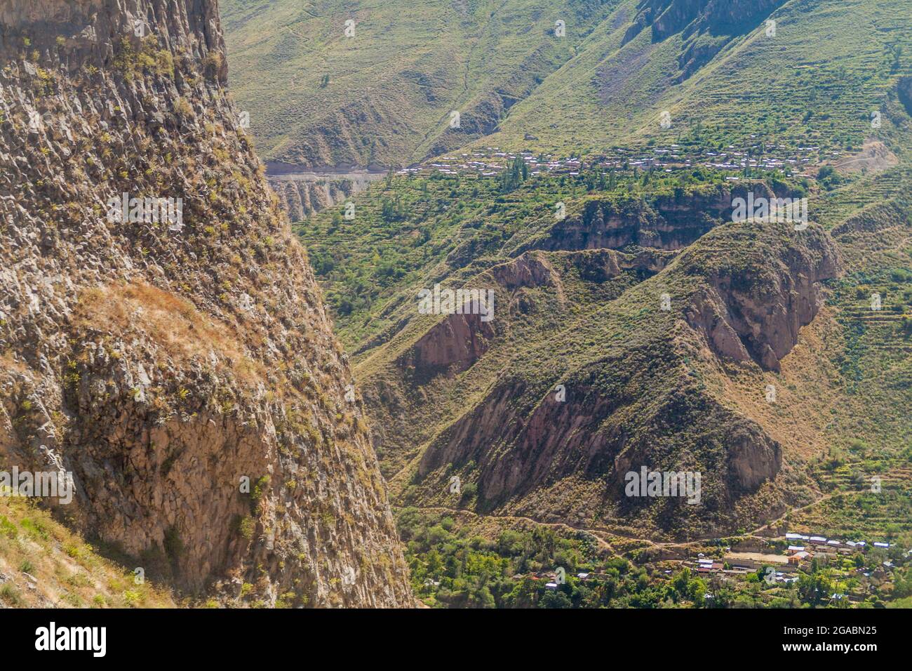 Steep walls of Colca Canyon in Peru. Villages Cosnirhua and San Juan de ...