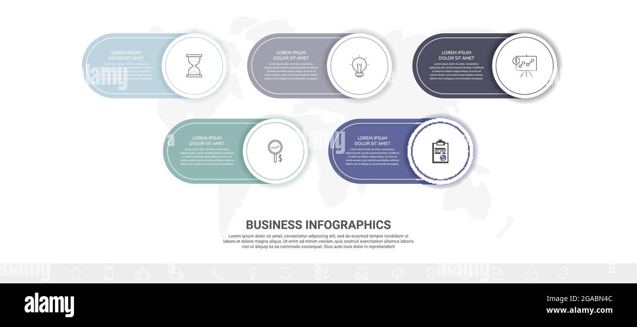 Business vector infographics with five circles and labels. Timeline visualization with 5 steps ...