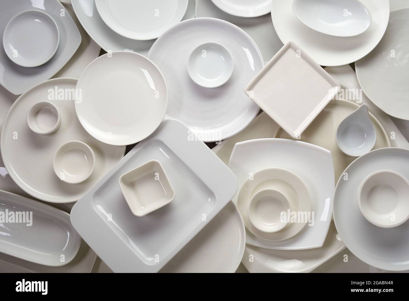 Top view full frame collection of various types of white ceramic ...
