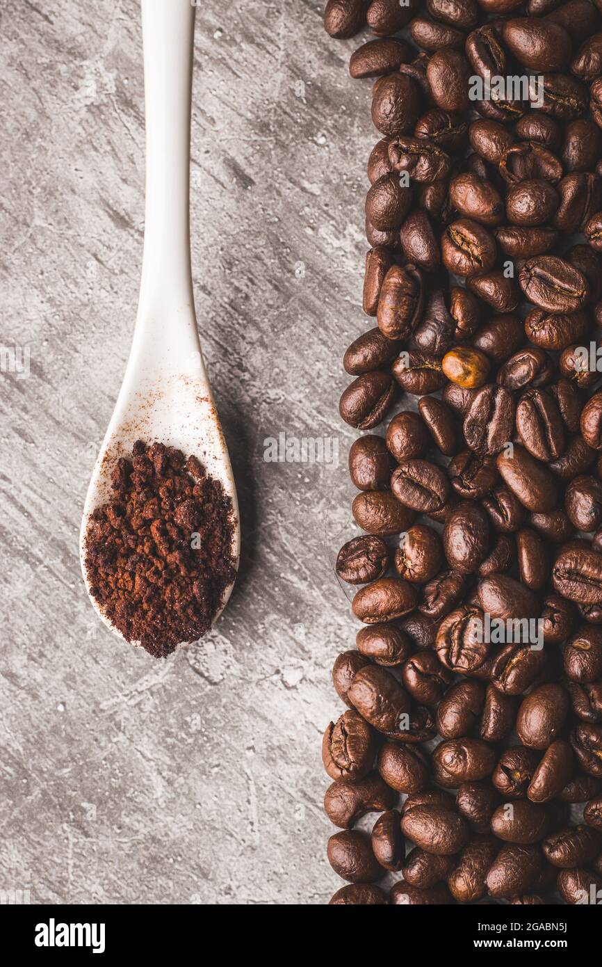 Coffee beans and powder with textured background stock image Stock ...