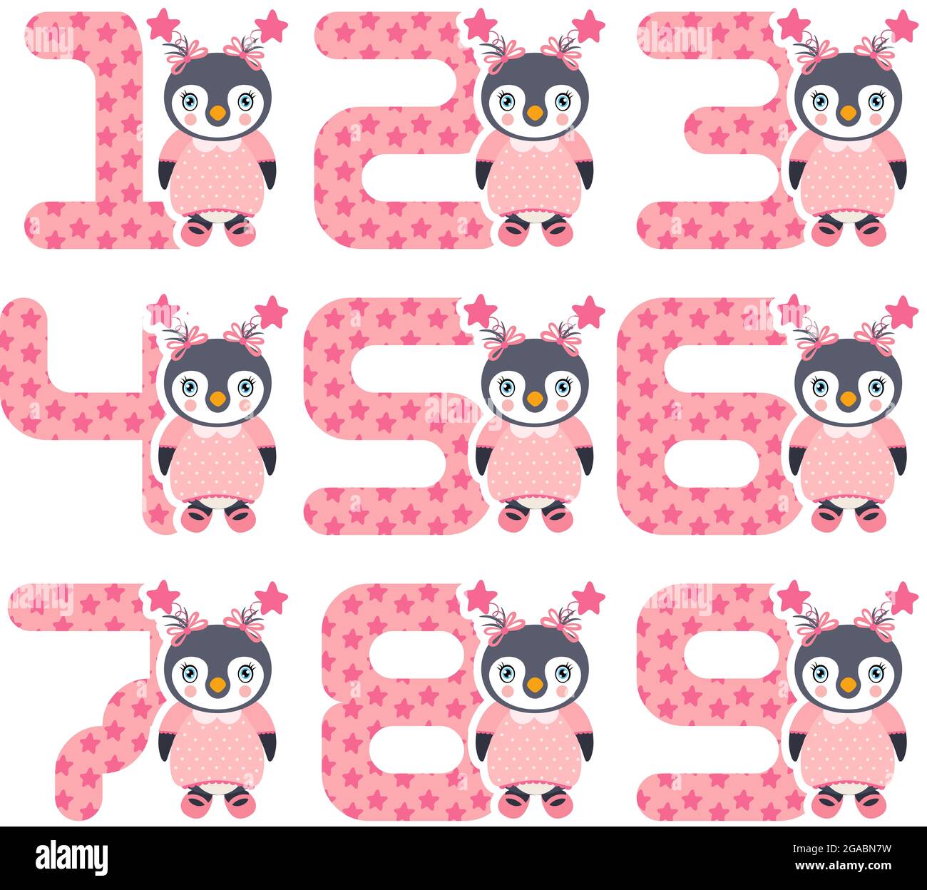 Cute pink girl penguin different numbers set Stock Photo - Alamy