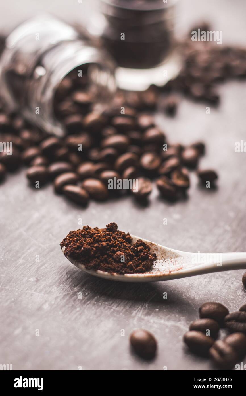 Coffee beans and powder with textured background stock image Stock ...