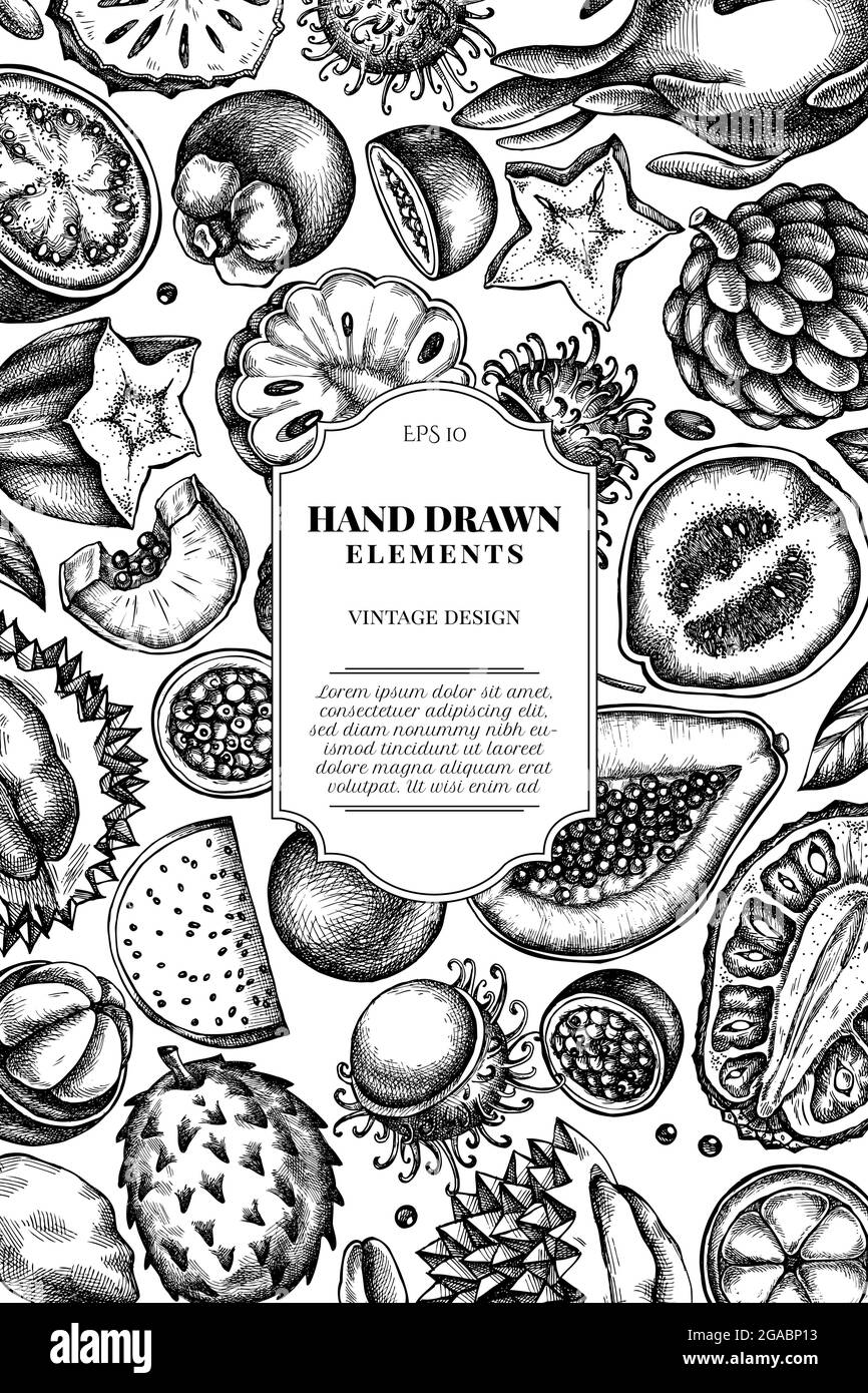 Card design with black and white papaya, guava, passion fruit ...