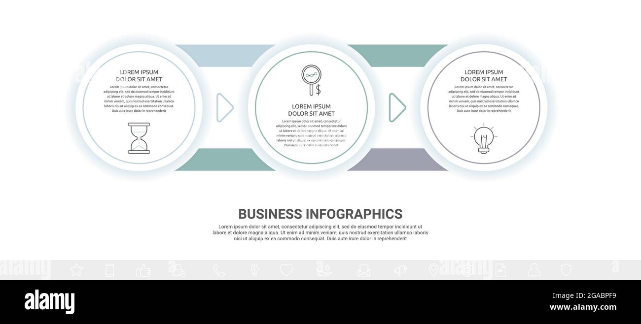 Vector minimal line infographics with circles and arrows. Business timeline 3 steps by step ...