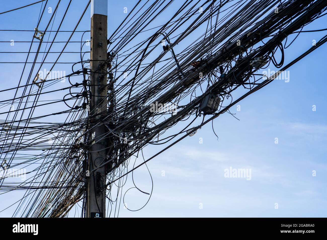 Close up of Tangled electrical wires and cables with blue sky Stock Photo - Alamy