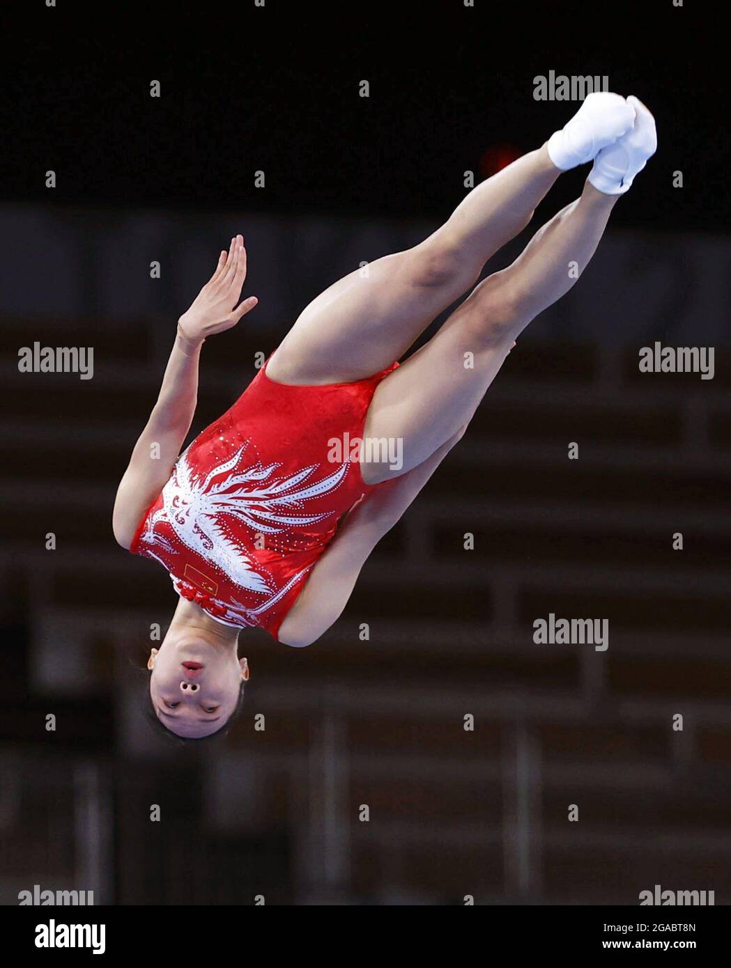 Zhu Xueying of China performs in the women's trampoline gymnastics ...