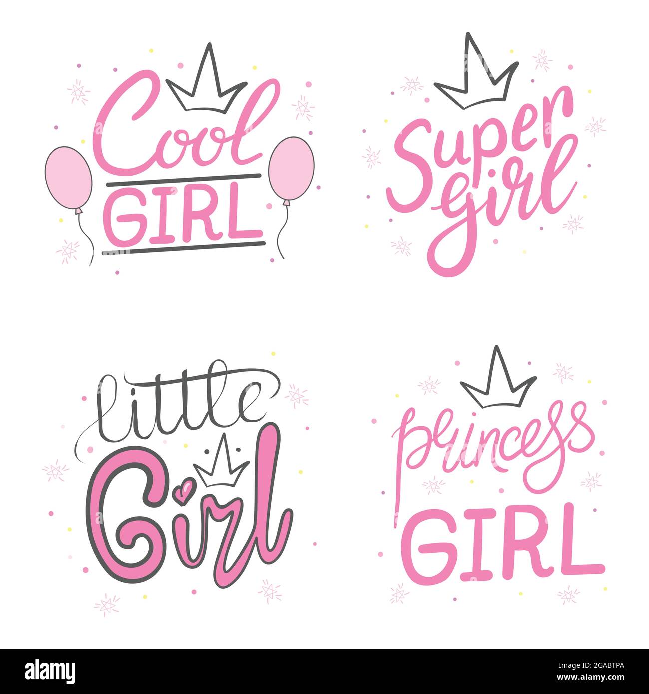 Set of lettering girl print. Hand written typography lettering for card ...