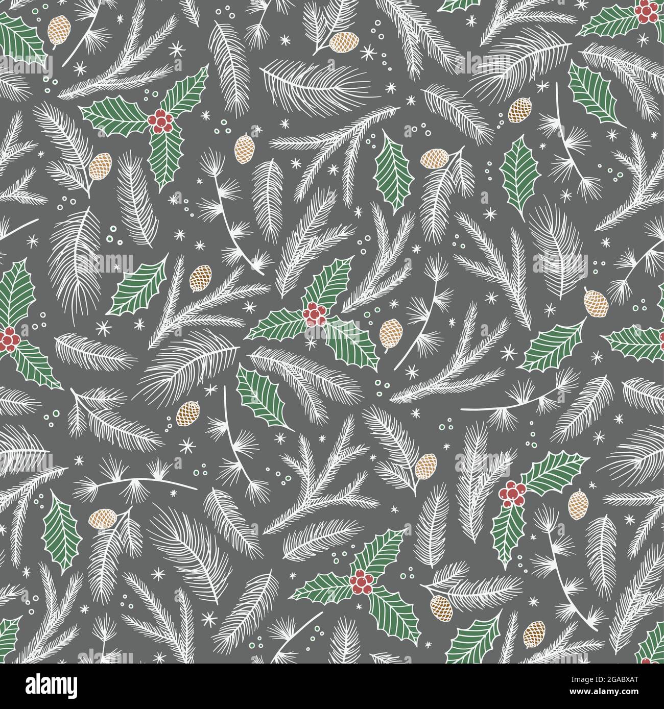 Christmas seamless pattern. Pine twigs, red berries, snowflakes. Season ...