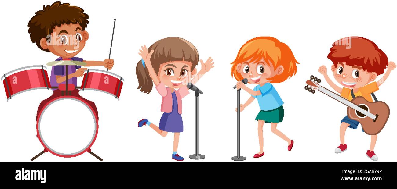 Set of different kids playing musical instruments illustration Stock ...
